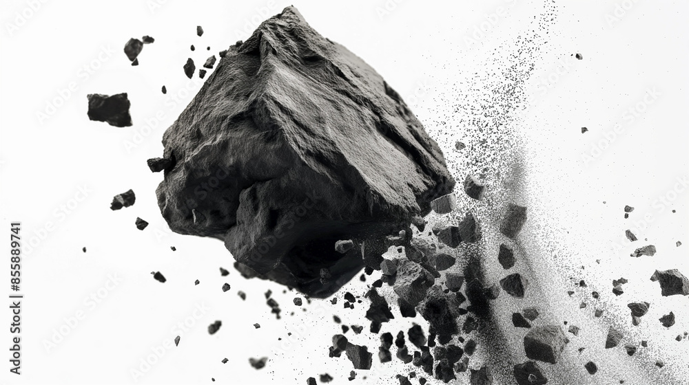 Rock stone white background fall black falling space isolated splash ...