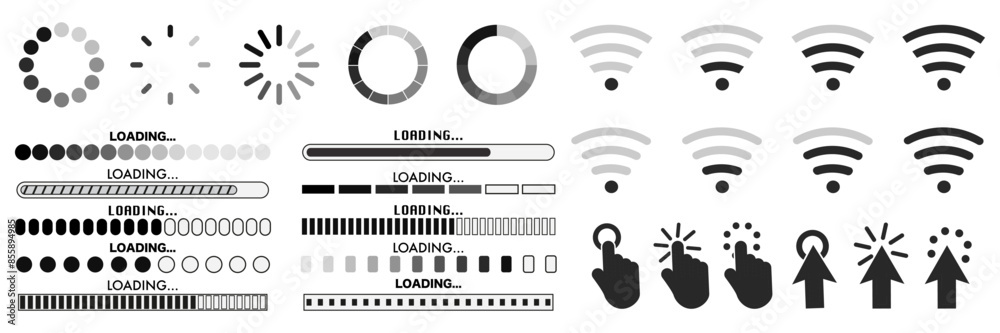 Click cursor icon and loading bar collection. Set of computer mouse ...