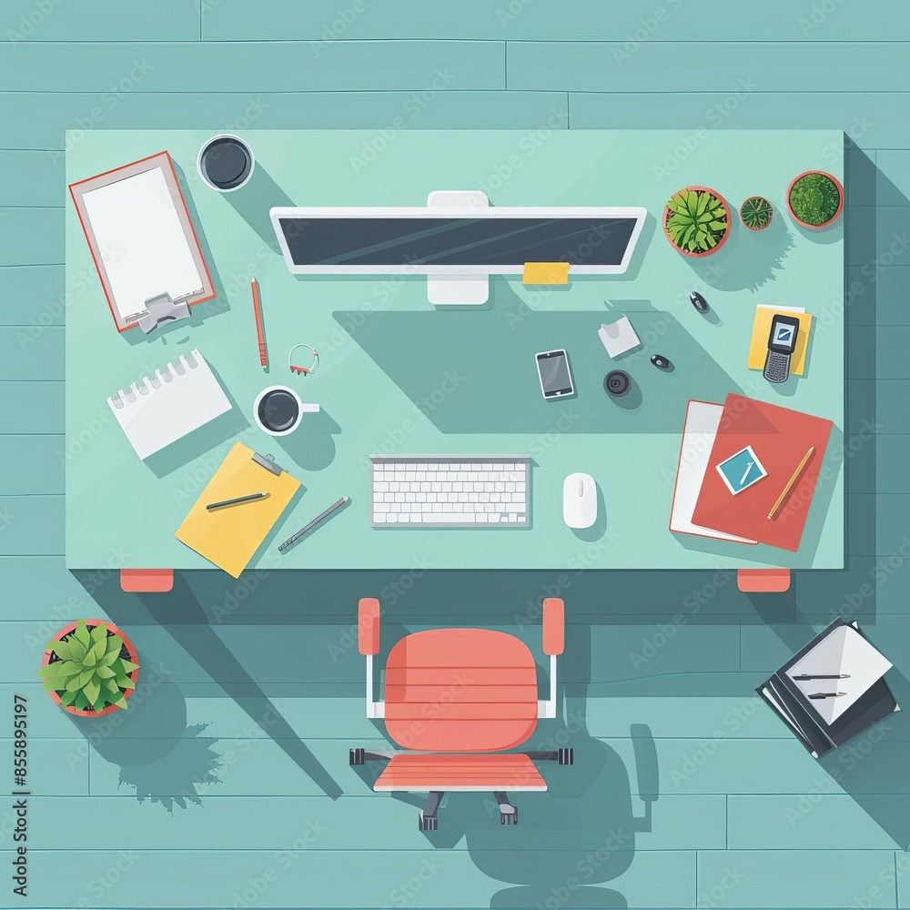 Office environment flat design top view modern workspace theme cartoon ...