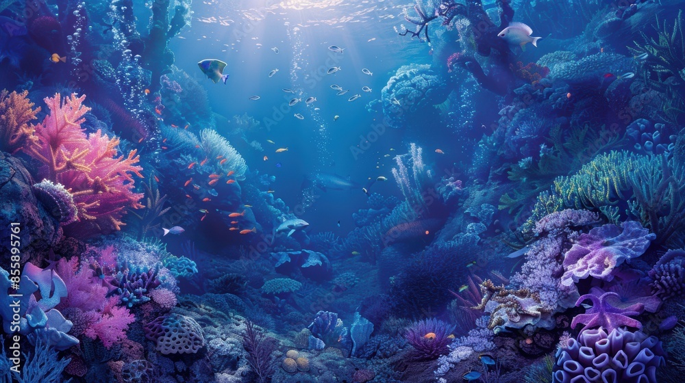 Beautiful underwater scene featuring vibrant coral reefs, diverse ...