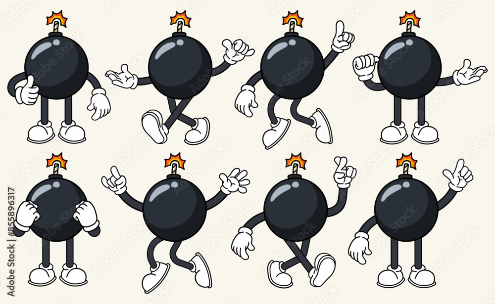 Set of 70s 80s groovy boom cartoon character vector. Collection of ...