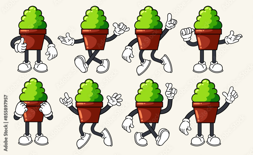 Set of 70s 80s groovy plant cartoon character vector. Collection of ...