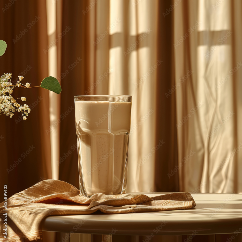 aesthetic protein shake table setup, glas filled with vanilla protein ...