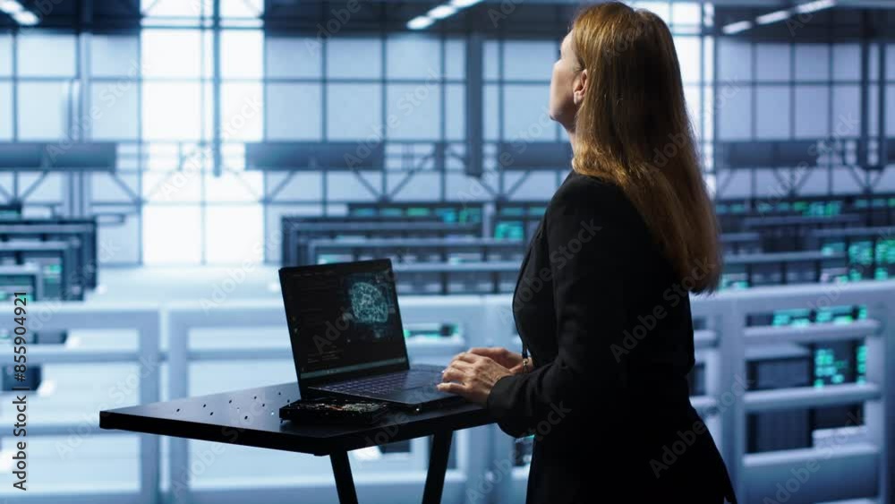 Admin in data center works with artificial intelligence computerized ...