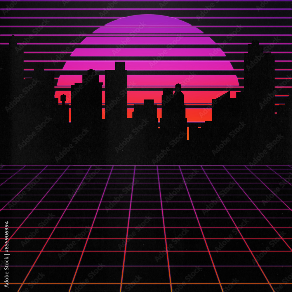 Retro futuristic neon city style 80s. Purple Sunset. Synthwave ...
