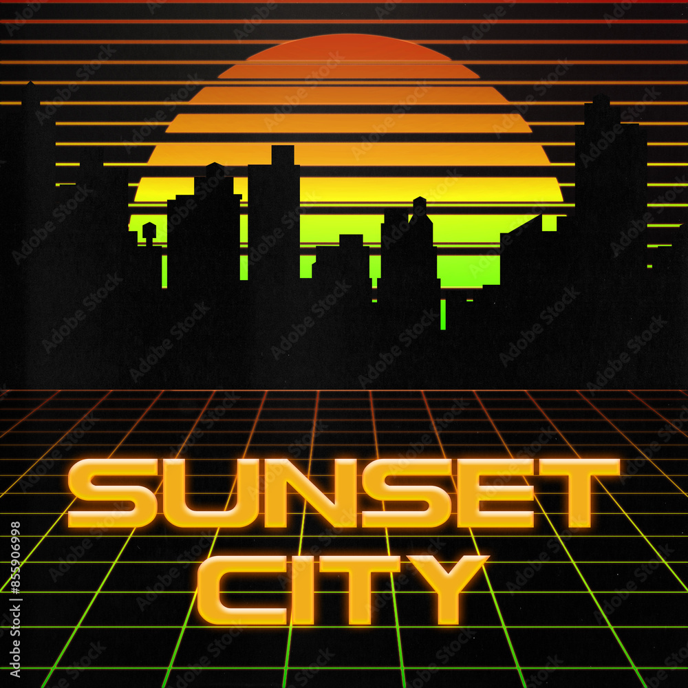 Sunset City neon retro poster cover image artwork. Retro futuristic ...