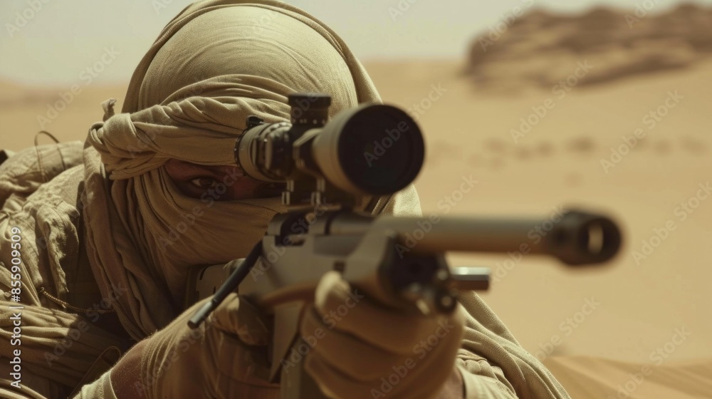 Special forces sniper in ghillie suit with a high-precision rifle with ...