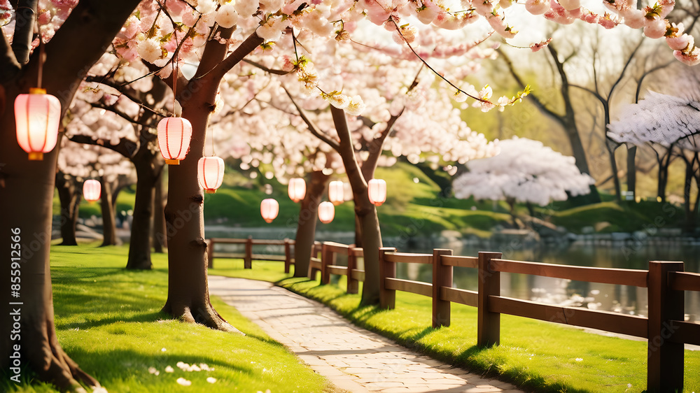 Depict a romantic park scene in springtime, with cherry blossoms in ...