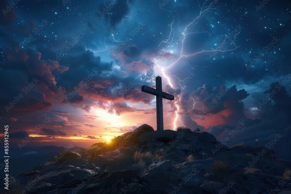 illuminated christian cross on mountain top against dramatic night sky ...