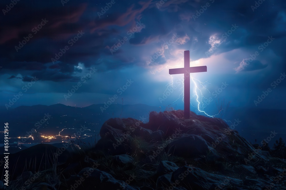 illuminated christian cross on mountain top against dramatic night sky ...