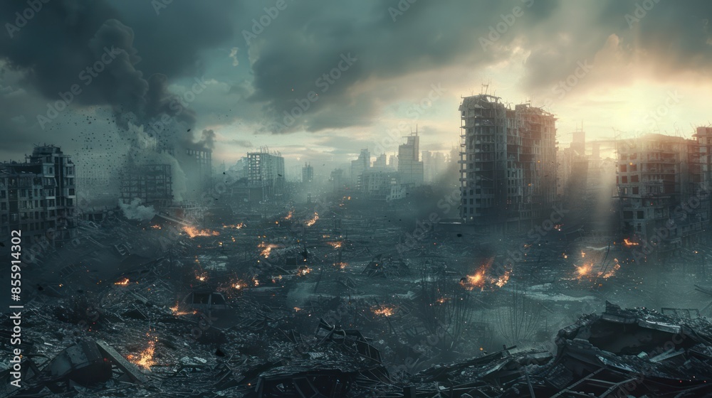 Desolate aftermath of a post-apocalyptic city with burning buildings ...