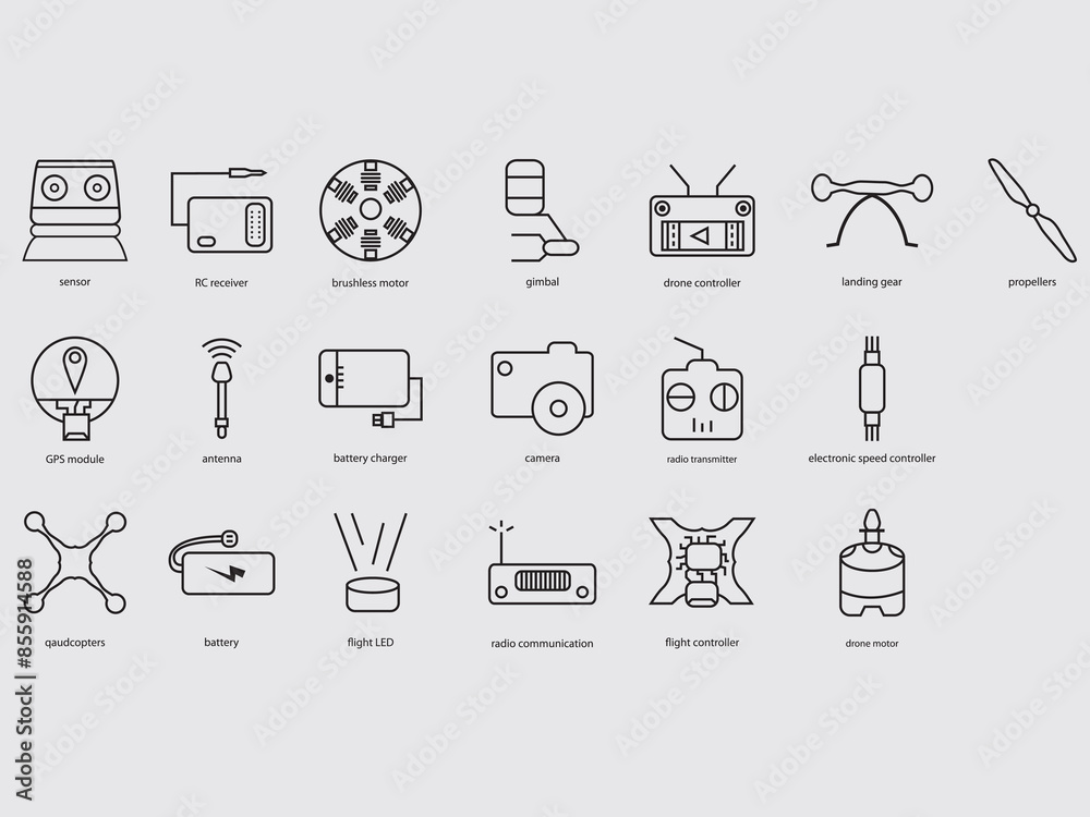 set of drone parts outline icon .UAV component pictogram vector symbol ...