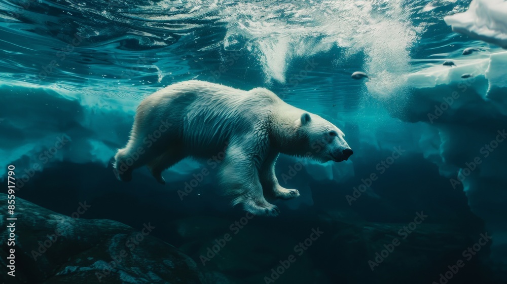 Polar bear swimming in the Arctic ocean, its powerful limbs propelling ...