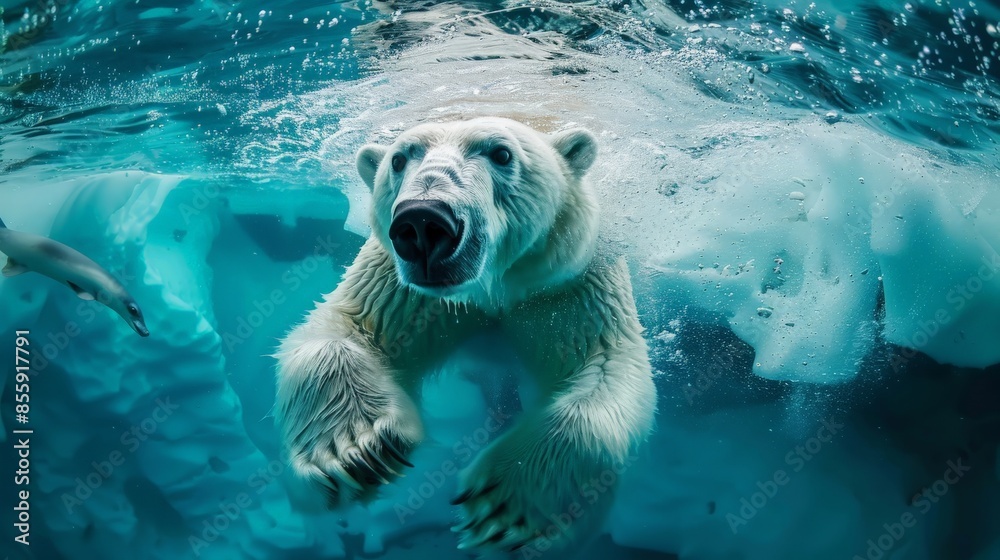 Polar bear swimming in the Arctic ocean, its powerful limbs propelling ...