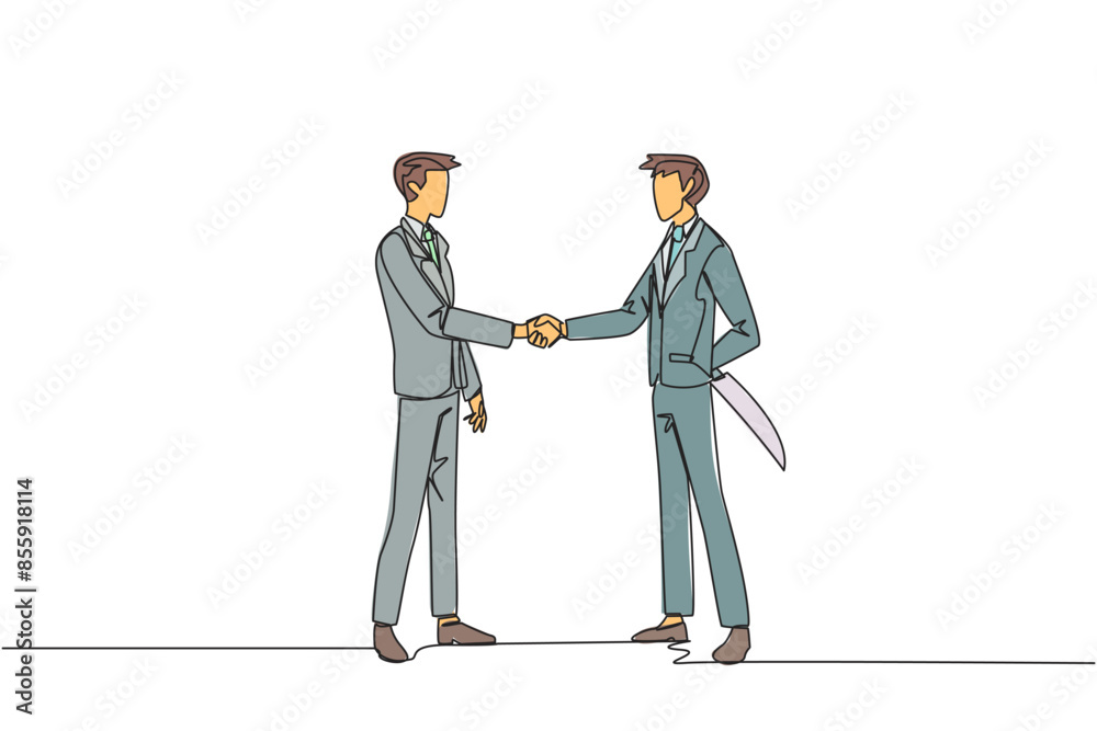 Single continuous line drawing two businessmen shaking hands. One of ...
