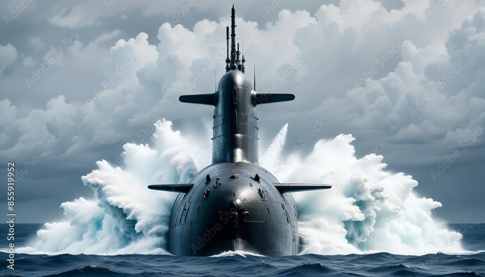 A colossal nuclear-powered military submarine surging up through ...