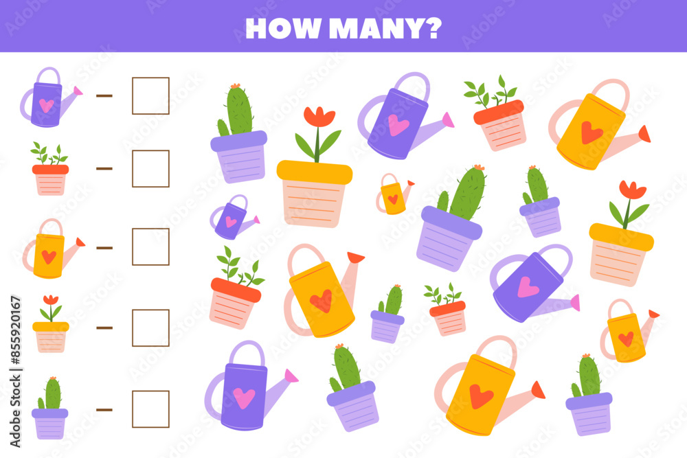 Math game for children. How many watering cans and flowers are in the ...