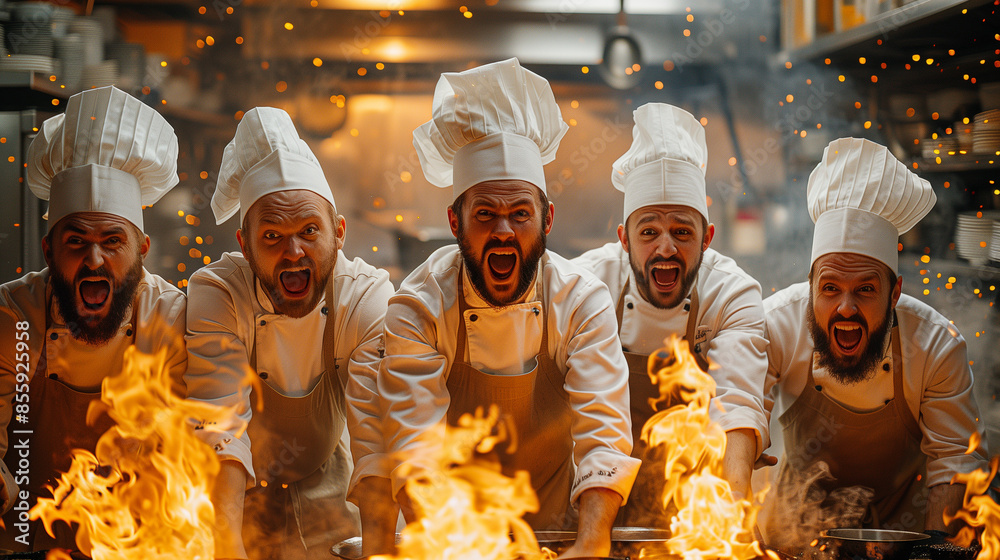 Five chefs in white uniforms and chef hats lean forward, yelling and ...