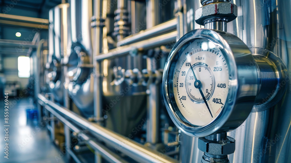 A close-up image of a temperature sensor gauge in a factory setting ...