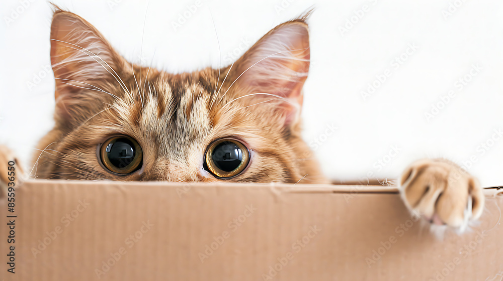 Portrait of a funny cat looking out of a cardboard box isolated white ...
