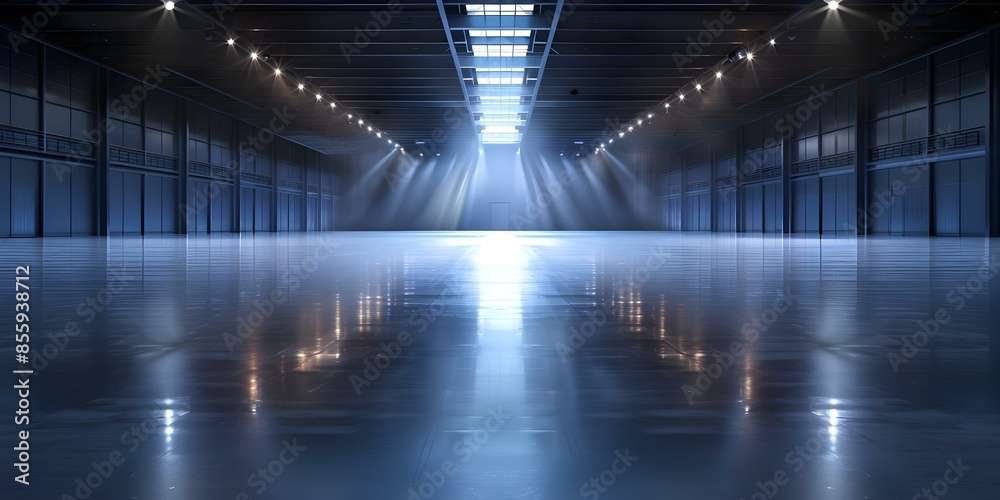 Empty convention hall with various event spaces depicted in 3D render ...