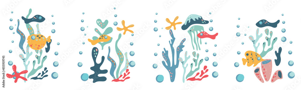 Undersea world. A set of Abstract drawings with underwater scenes of ...