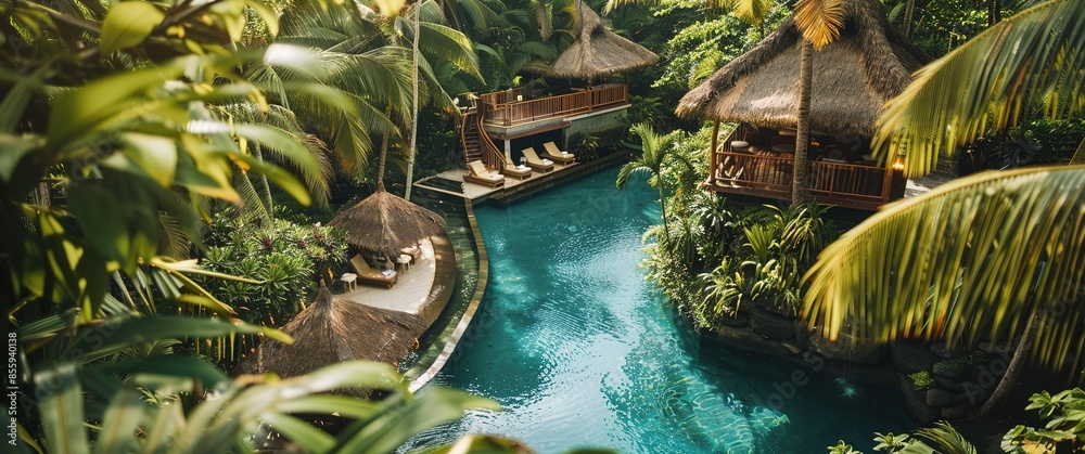Bird's eye view of a luxurious hunting lodge in a thatched roof ...