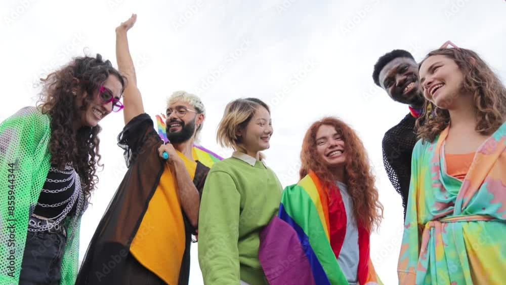 Group of LGBT young people stacking hands on a a gay pride parade ...