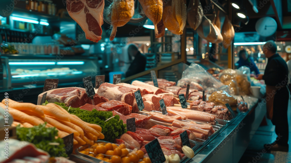 Foto de Sideview of a stylish butcher shop and its fridge counter with ...