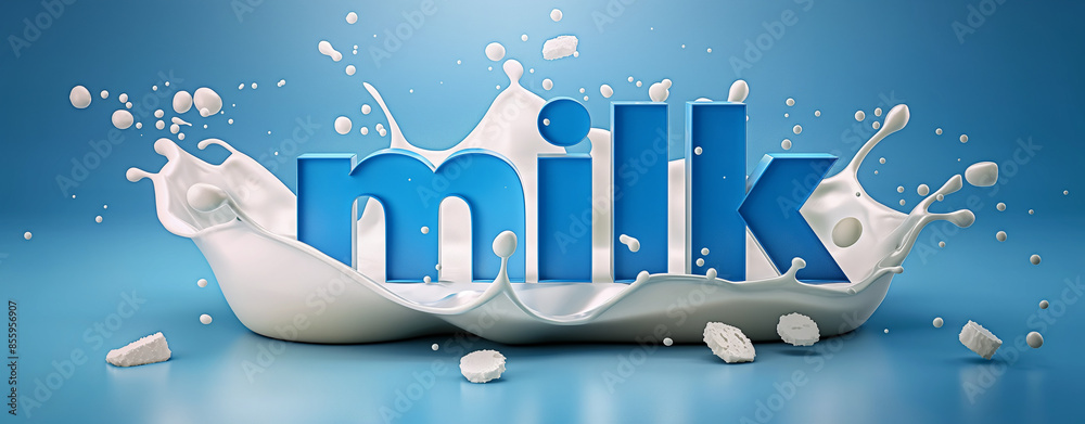 word "milk" detailed white splash of milk on blue background, text logo ...