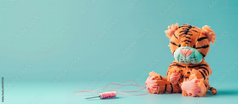 Plush tigger with a torn head. Sewing kit. Torn toy. pastel background ...
