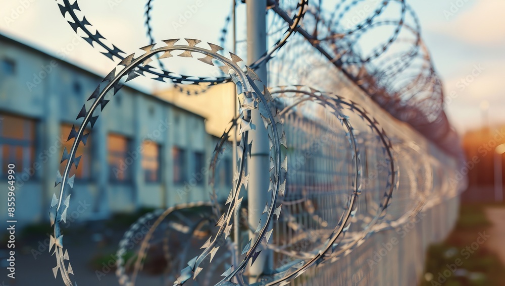 Featuring a blurred background of a prison's main buildings, Barbed ...