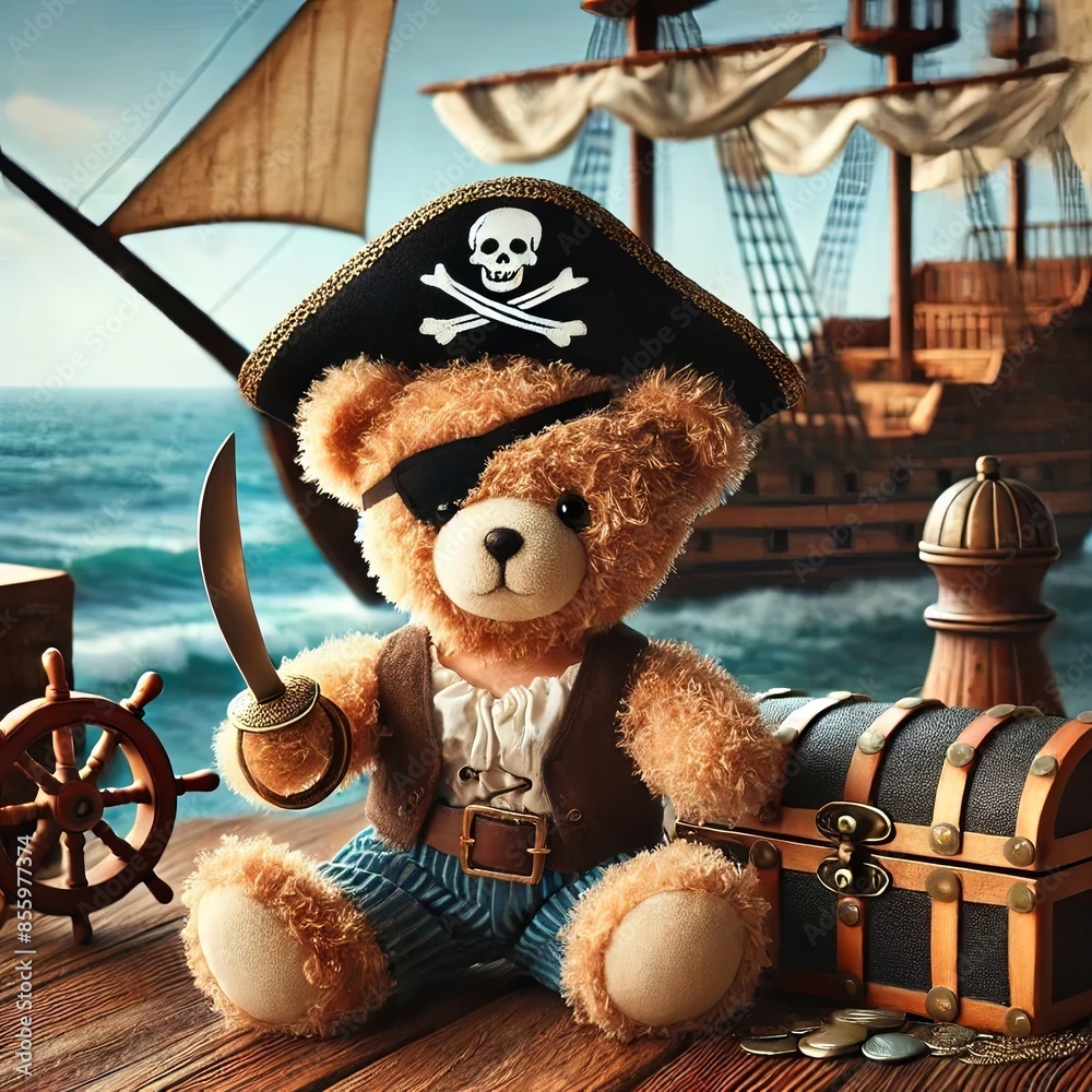 A fluffy teddy bear pirate on a pirate ship, dressed in a pirate outfit ...