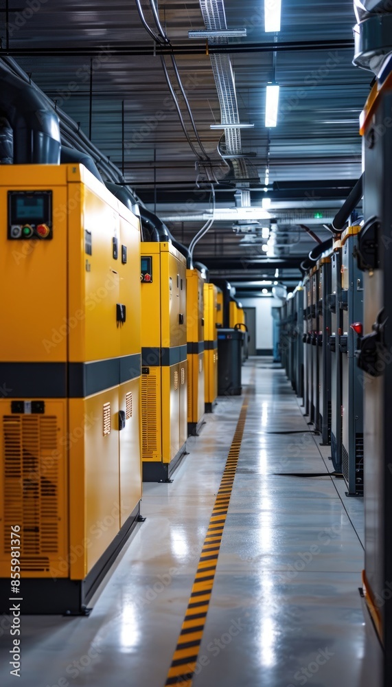 Spacious generator room with multiple standby generators and wiring ...