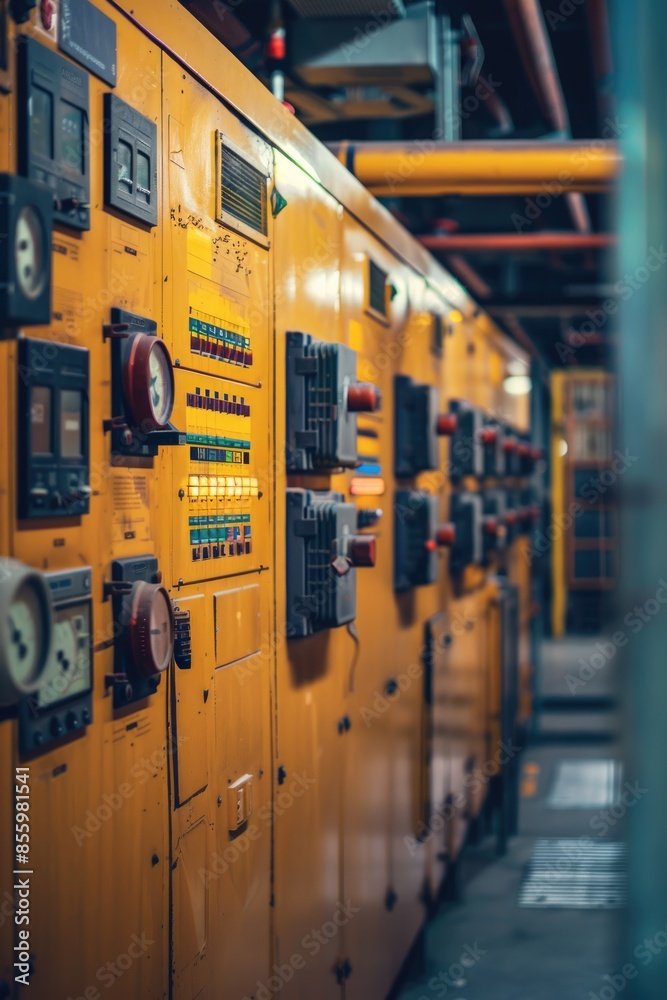 Generator room with large industrial generators and control panels ...