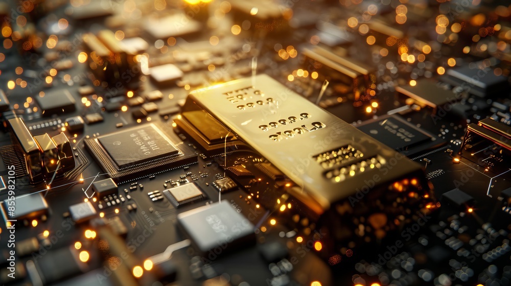 Digital gold bar fused with a graphical motherboard interface and ...