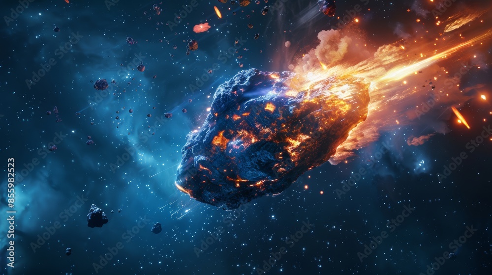 An asteroid, comet or meteor in space with a fire trail. A meteorite ...