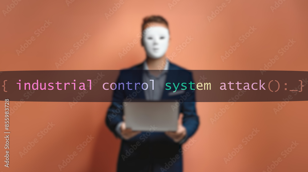 Cybersecurity concept industrial control system attack on foreground screen, hacker silhouette ...