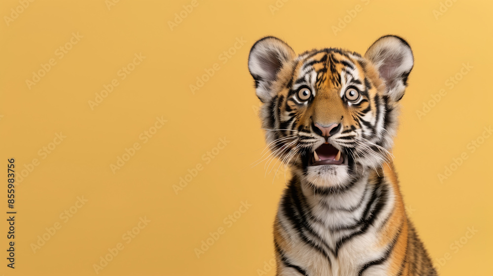 A young tiger cub with wide eyes and an open mouth appears surprised ...