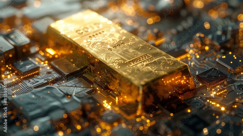 Graphical representation of a gold bar with digital circuits and ...