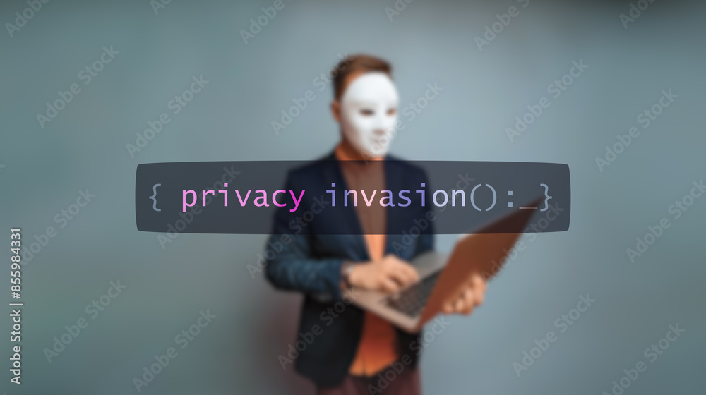 Cybersecurity concept privacy invasion on foreground screen, hacker silhouette hidden with low ...