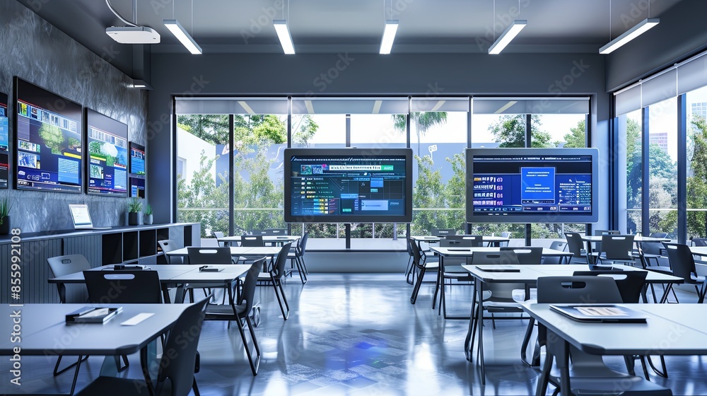 A contemporary classroom or study space featuring interactive panels ...