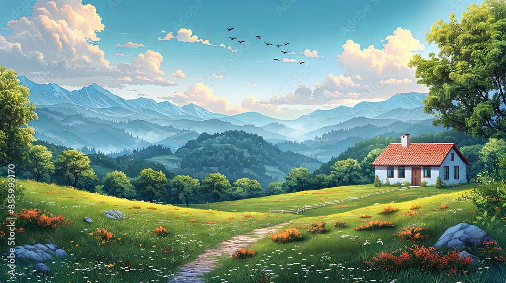 Nature and farm landscape. village, sky, field, trees, house and lawn ...