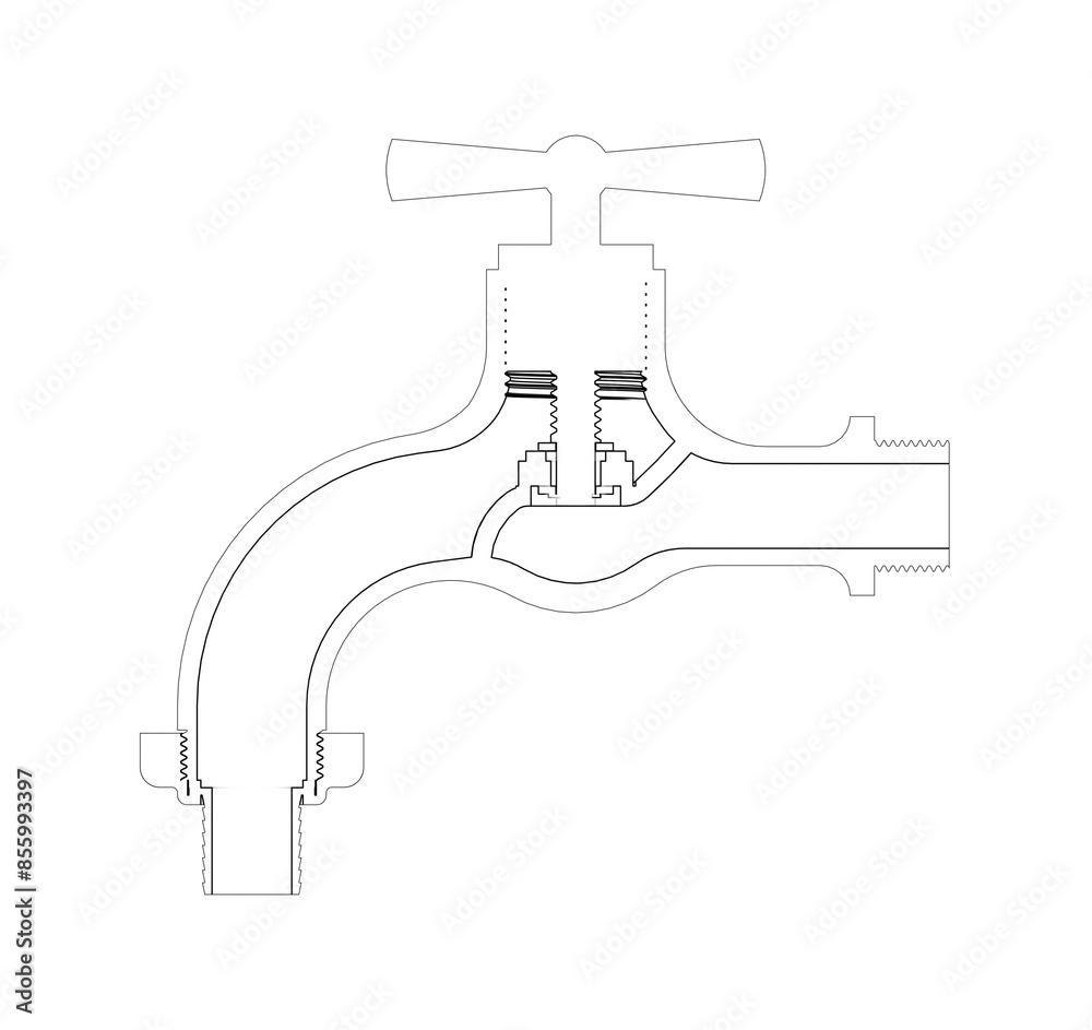 Water tap section view in black and white Stock Illustration | Adobe Stock