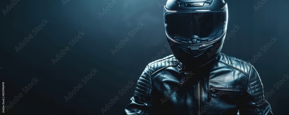 Man wearing a black leather motorcycle jacket and helmet, facing ...