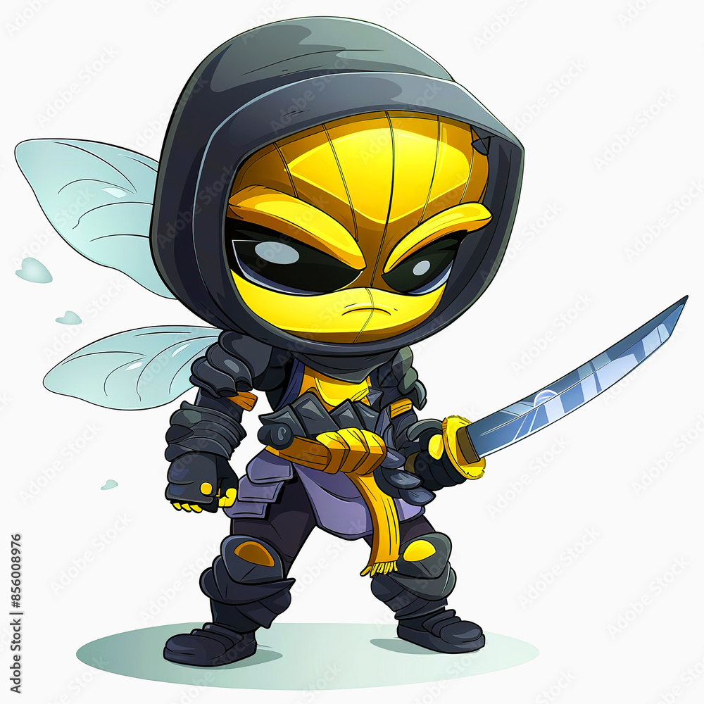 Cute Bee ninja cartoon isolated on white background. Chibi Bee assassin ...
