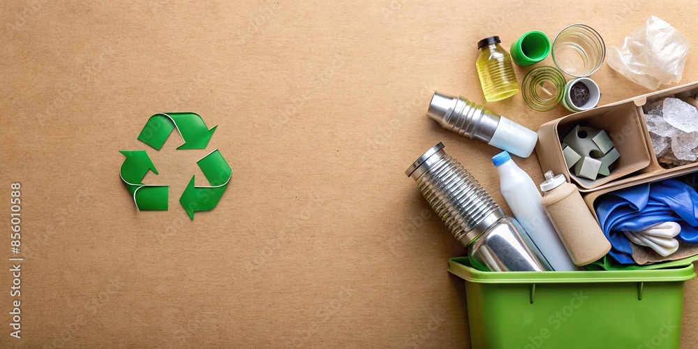 Recycle bin and various trash items on craft background, top view ...