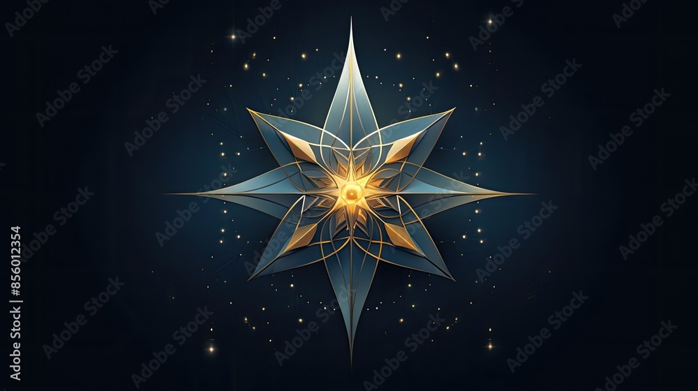 Ornate golden compass rose with glowing center on dark blue background ...