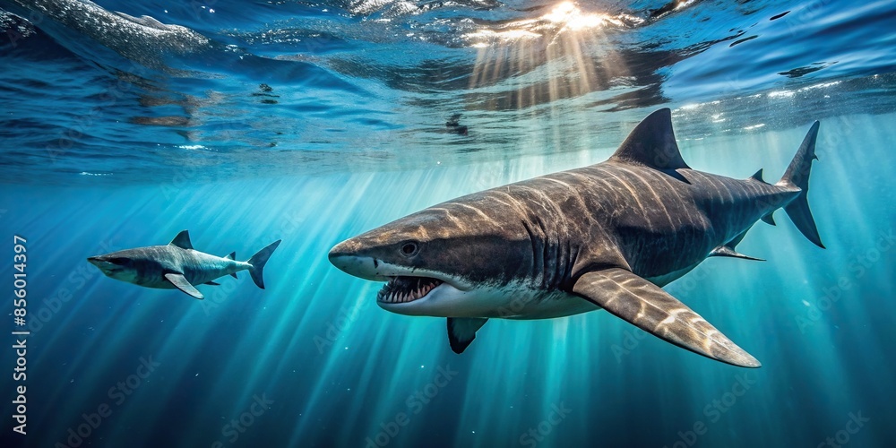 Foto de Basking sharks peacefully swimming beneath ocean waves , marine ...