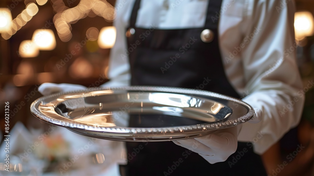 Waiter tray butler hand serve hold plate isolated white man silver ...